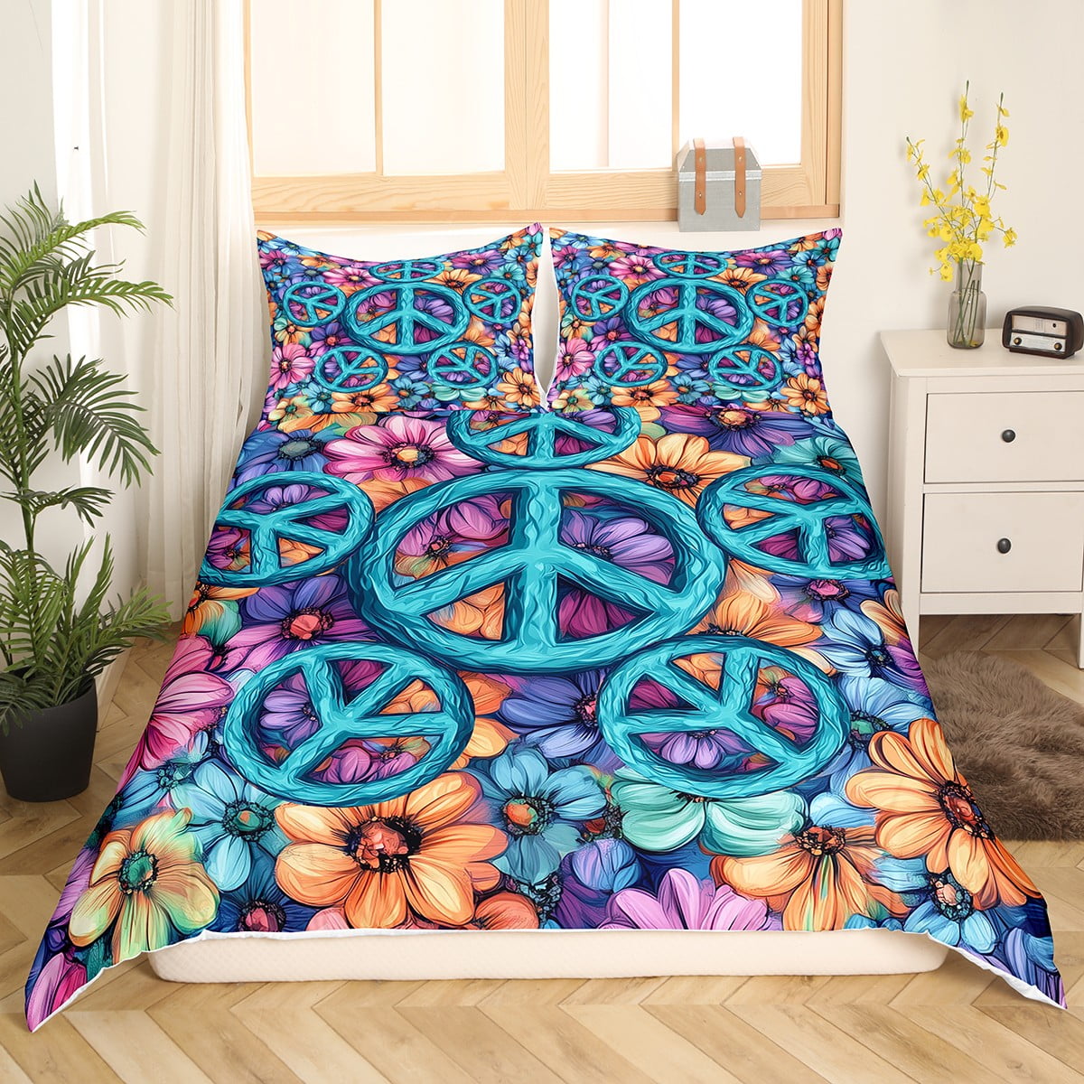 Hippie Duvet Cover Boho Peace Sign Comforter Cover King,Teal Peace ...