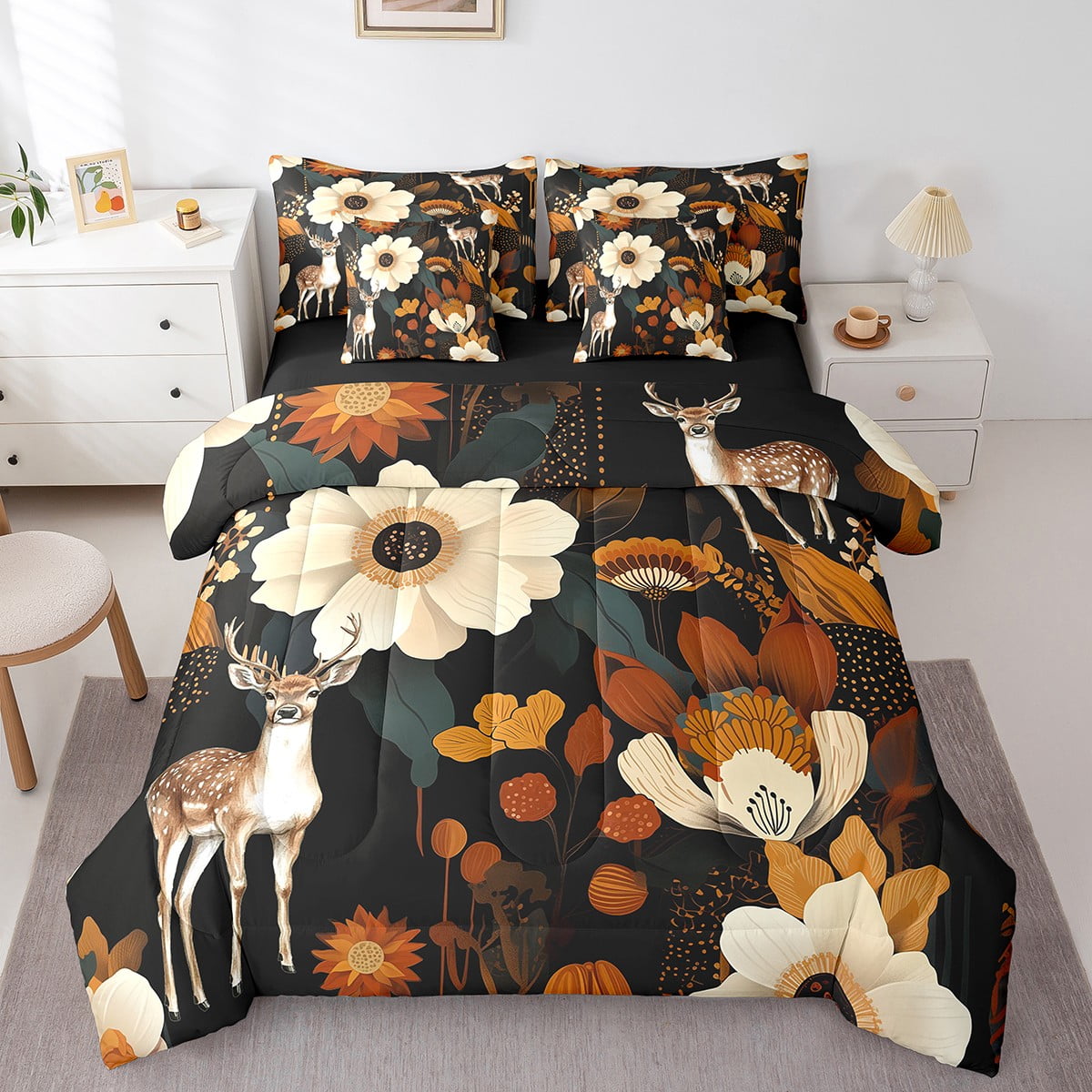 Hippie Floral Bedding King Size 7 Pieces Woodland Moose Comforter Set ...