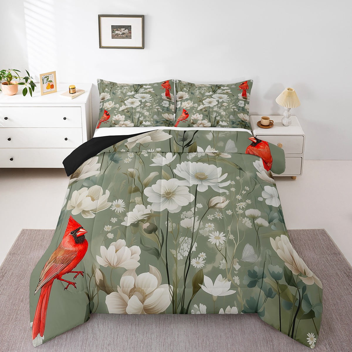 Hippie Floral Queen Bedding Sets Cartoon Cardinal Bird Comforter Set ...