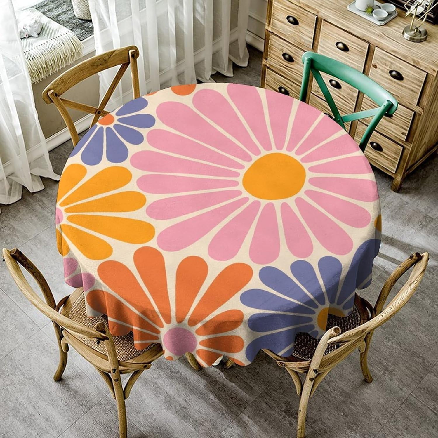 Hippie Floral Tablecloth, 1970s Retro Orange Pink Blue Flower Boho ...