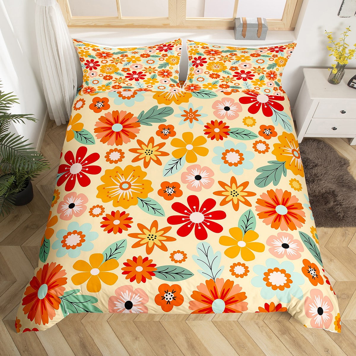Hippie Flower Comforter Cover King,60S 70S Groovy Floral Bedding Set ...