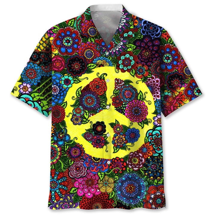 Hippie Flower Hawaiian Shirt, Colorful Hippie Floral Hawaii Beach Shirt ...