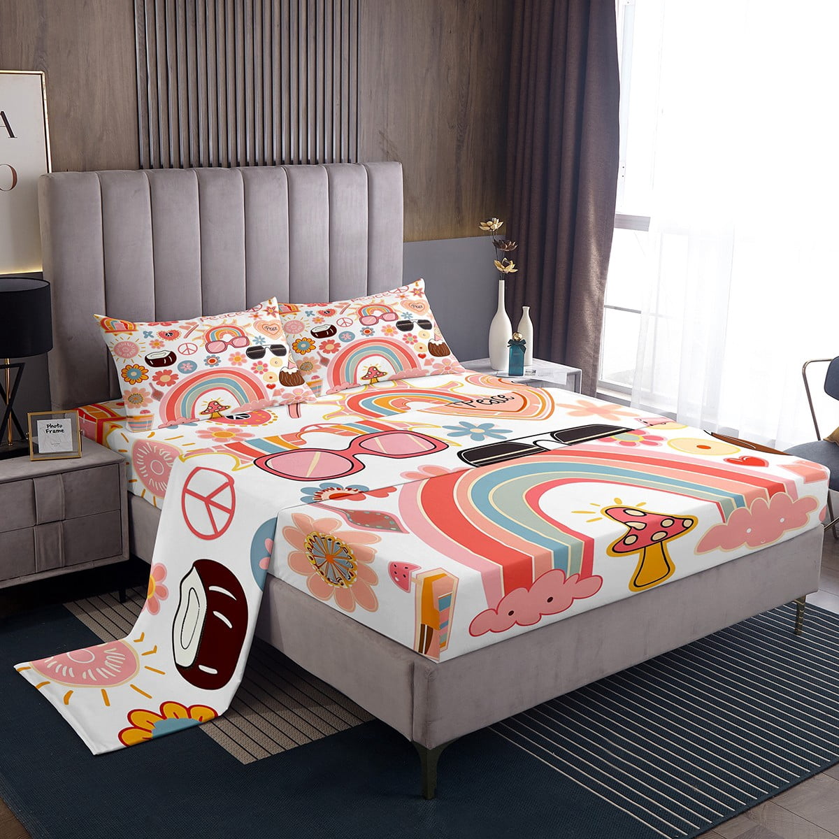 Hippie Flower Sheets Full,Kawaii Rainbow Mushroom Bed Sheets Set ...