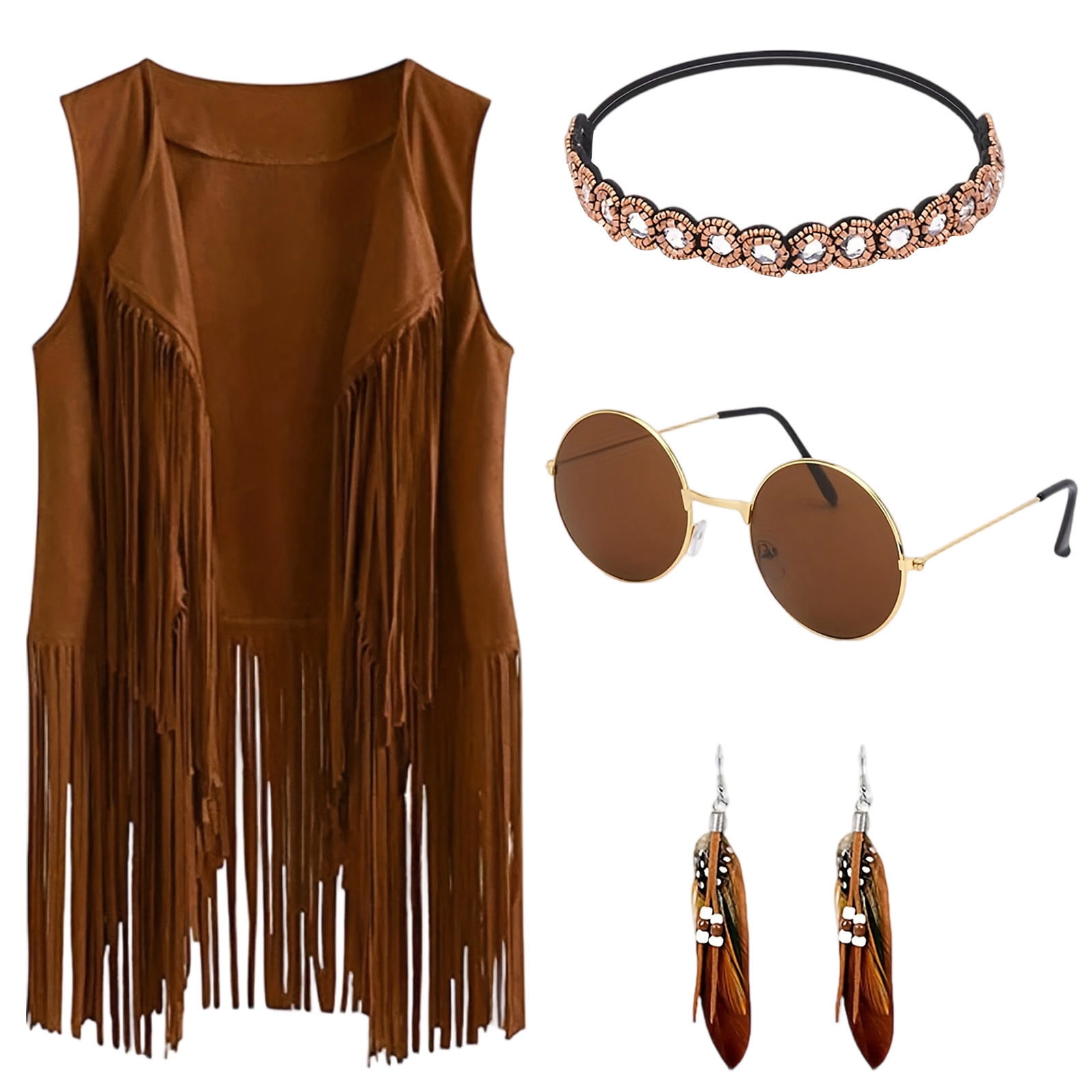 Hippie Fringe Cosplay Four-Piece Party Set with Retro Vest, Brown, Size ...