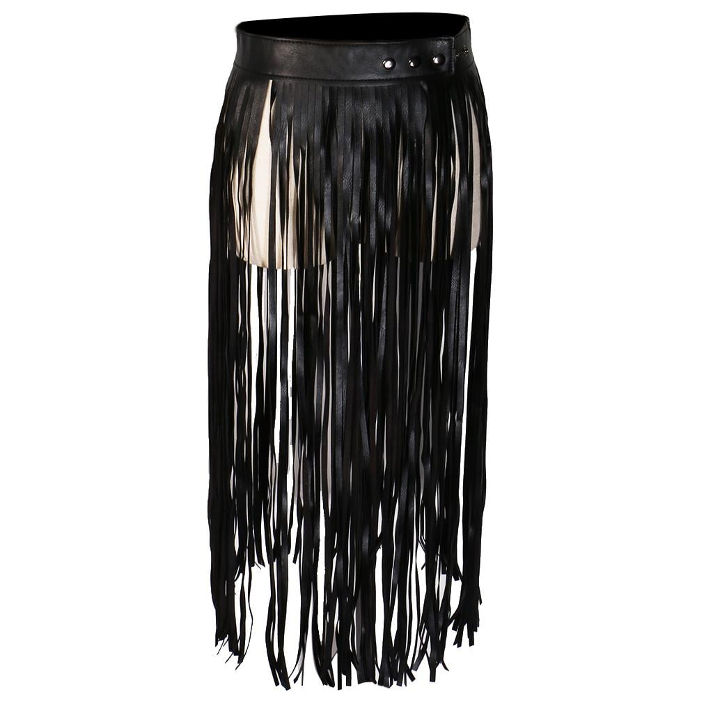 Hippie Fringe Tassel Black PU Leather Women Belt High Waist Long Belts ...