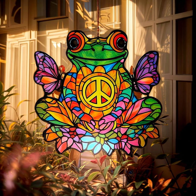 Hippie Frog Peace Sign Faux Stained Acrylic Suncatcher – Tie Dye Acrylic Window Hanging For Boho ...