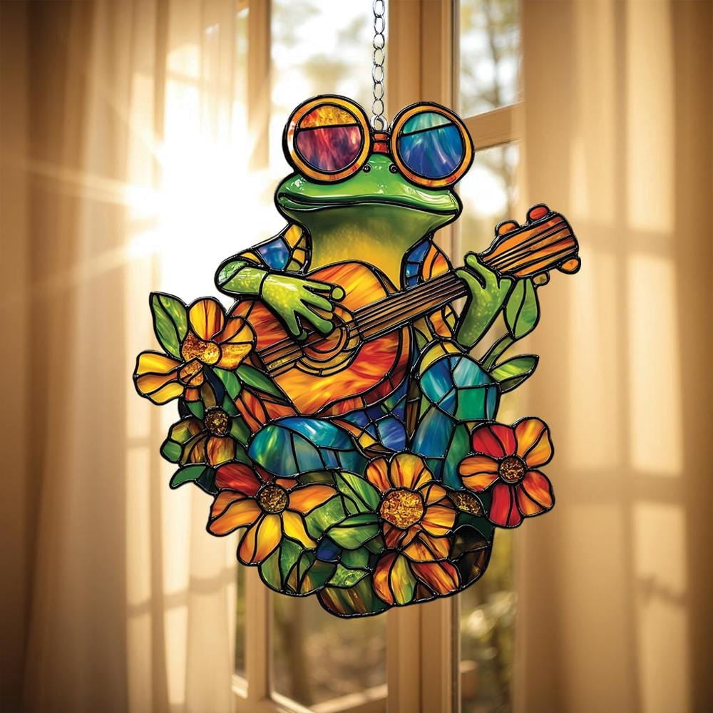 Hippie Frog Playing Guitar Faux Wavy Acrylic Suncatcher, Hippie Wavy ...