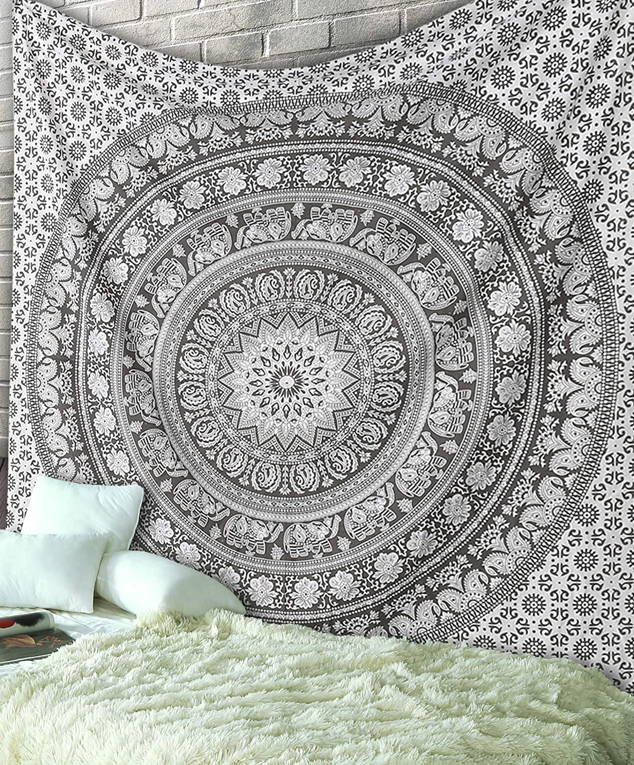 Hippie Grey Tapestry Mandala Bohemian Art Elephant Wall Decor Boho ...