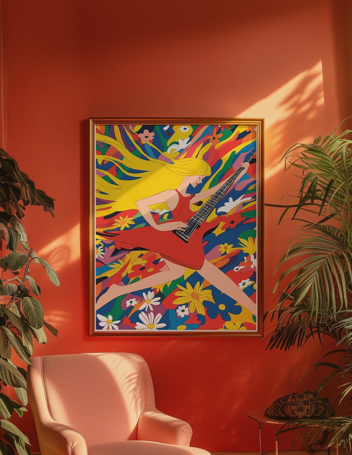 Hippie Guitar Art Poster, 1960S Aesthetic, Flower Power Decor, Retro ...