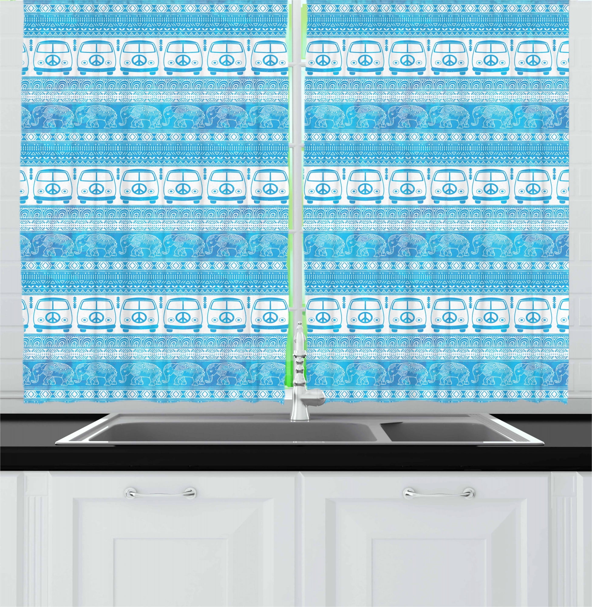 Hippie Kitchen Curtains, 60s 70s Woodstock Theme Minivans with Peace ...