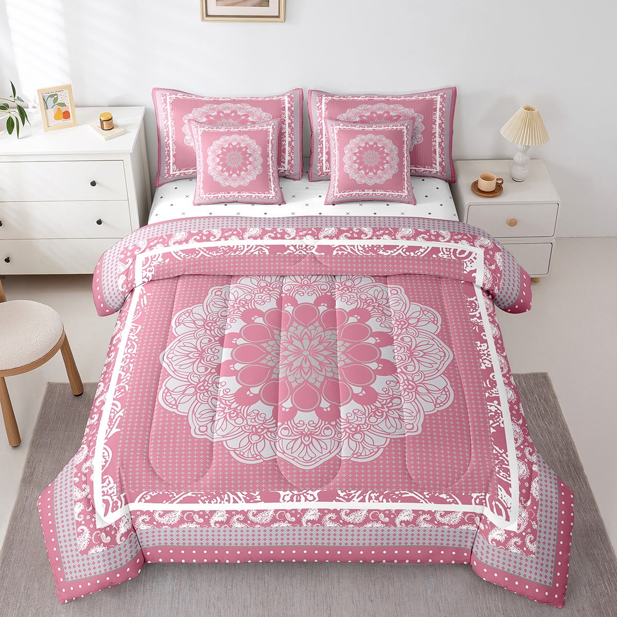 Hippie Mandala Queen Comforter Set 7pcs for Girls Pink Floral Bedding ...