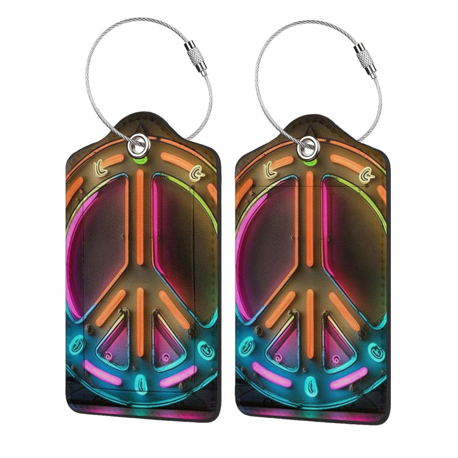 Hippie Neon Peace Sign Vintage Luggage Tag for Suitcase 2 Pack Leather ...