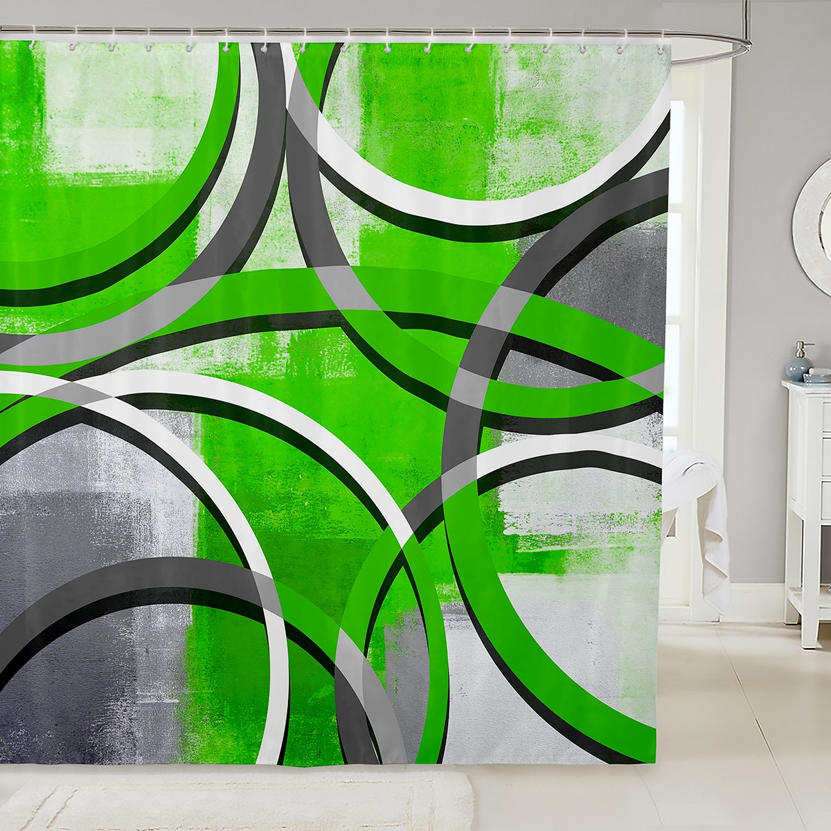 Hippie Patchwork Shower Curtain Green Geometric Waterproof Bathroom ...