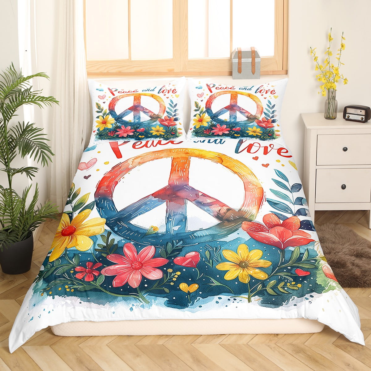 Hippie Peace Bedding Set for Boys Girls Decroative Boho Hippie Flowers ...