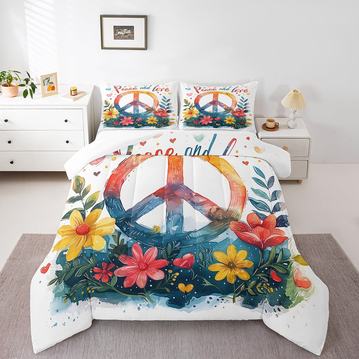 Hippie Peace Bedding Set Decroative Boho Hippie Flowers Comforter Set ...