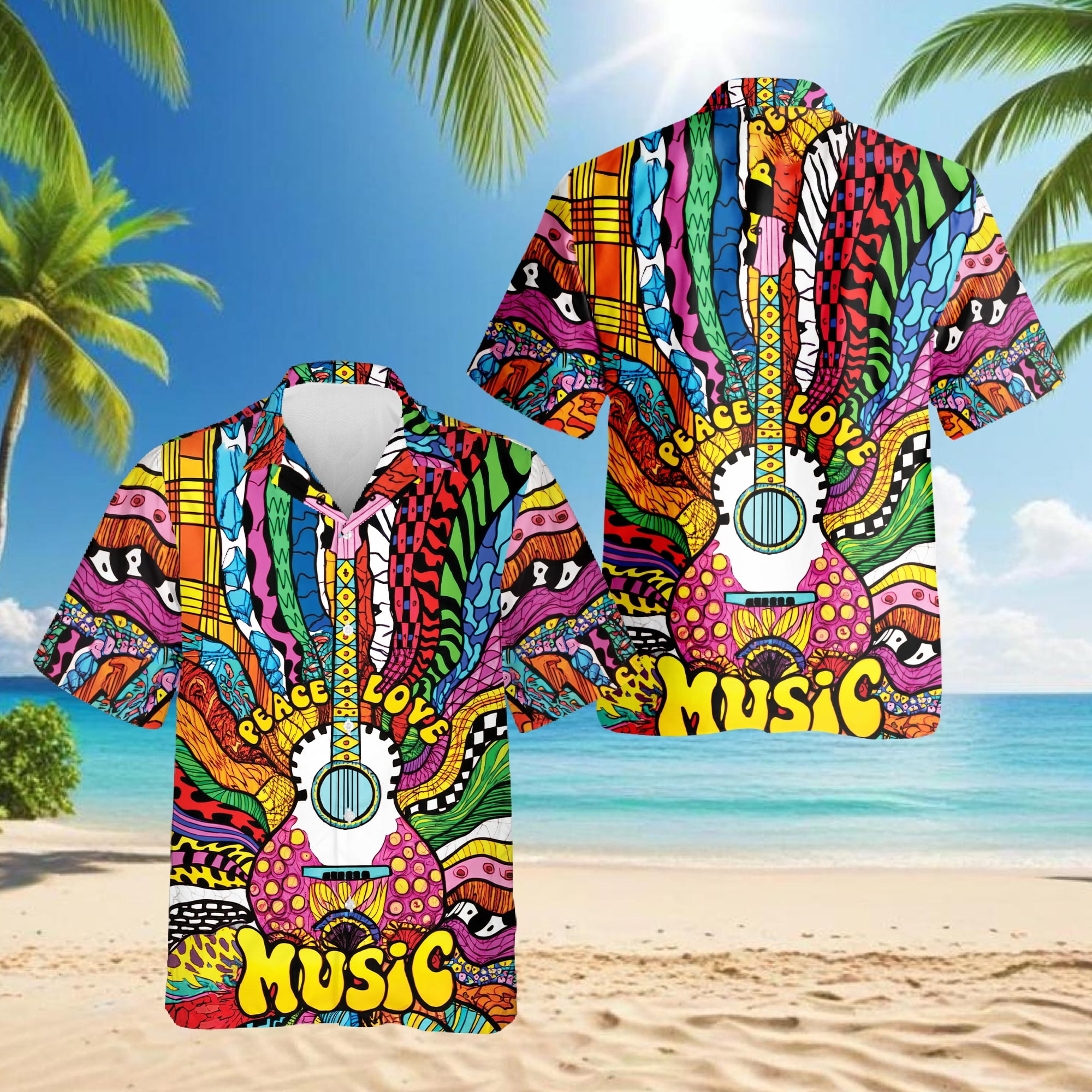Hippie Peace Love Music Hawaiian Shirt for Men, Button Down Summer ...