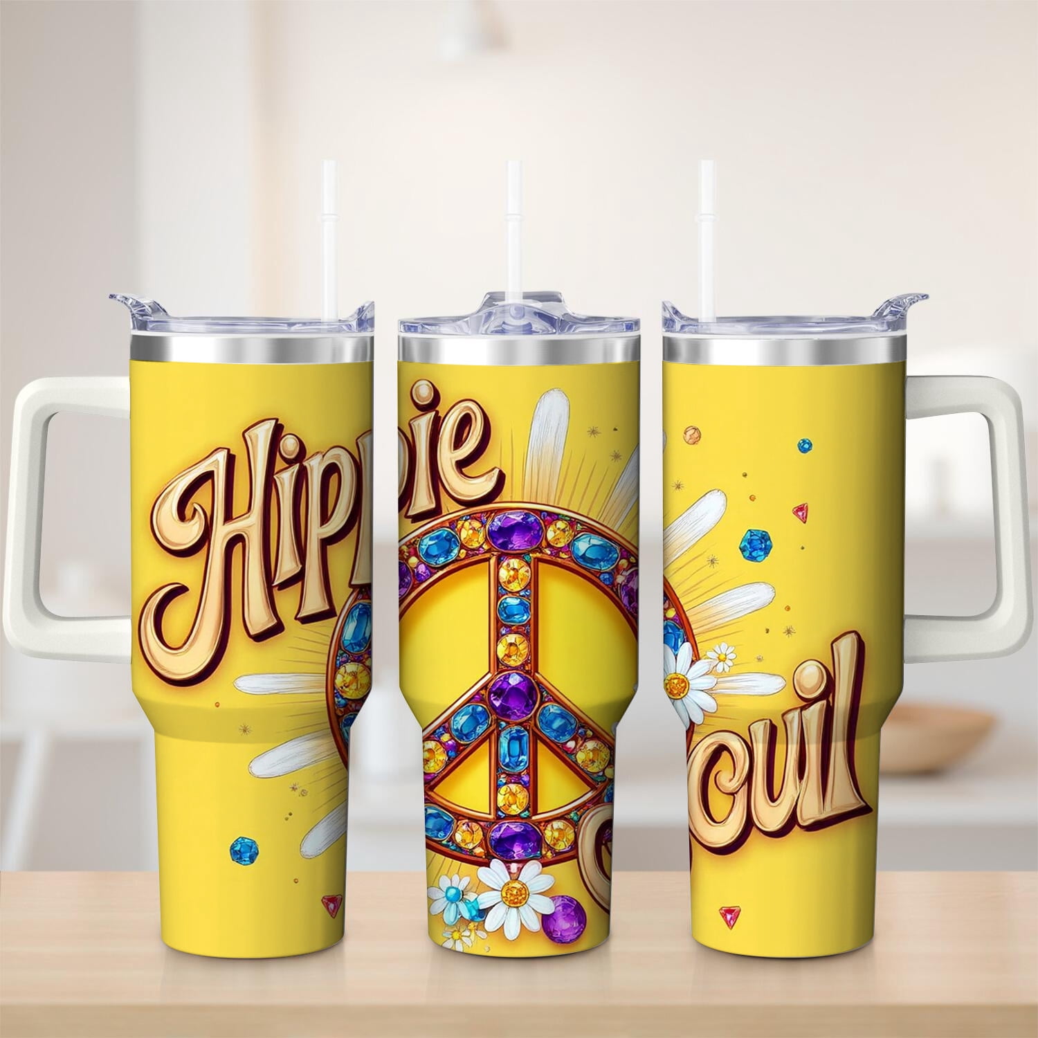 Hippie Peace Sign Stainless Steel Insulated Mug with Lid and Handle ...