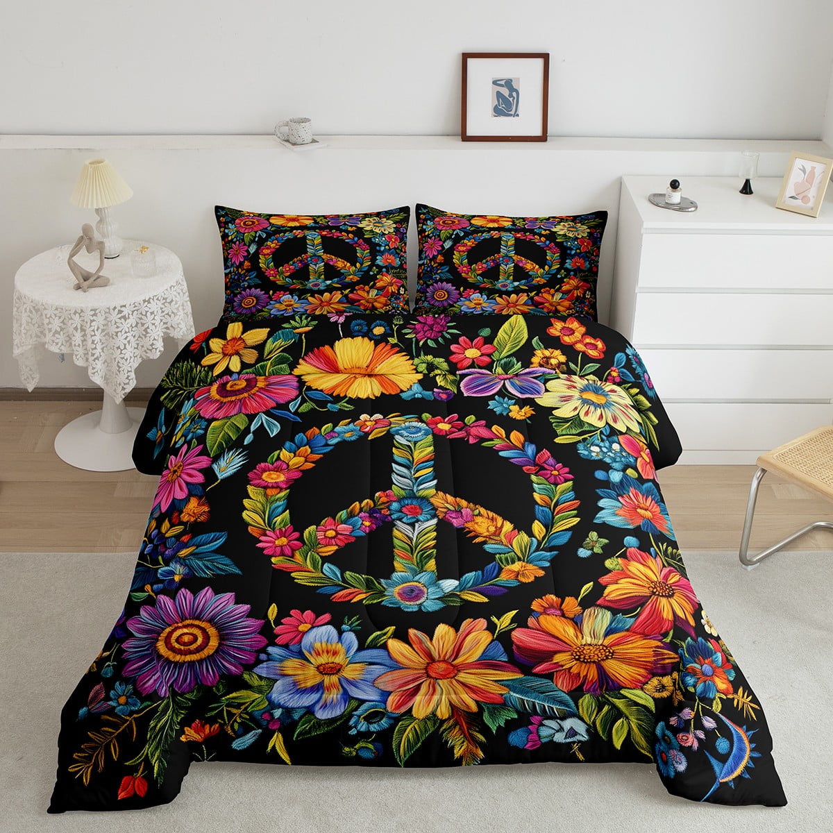 Hippie Peace Symbol Comforter Set King,Colorful Groovy Flowers Bedding ...