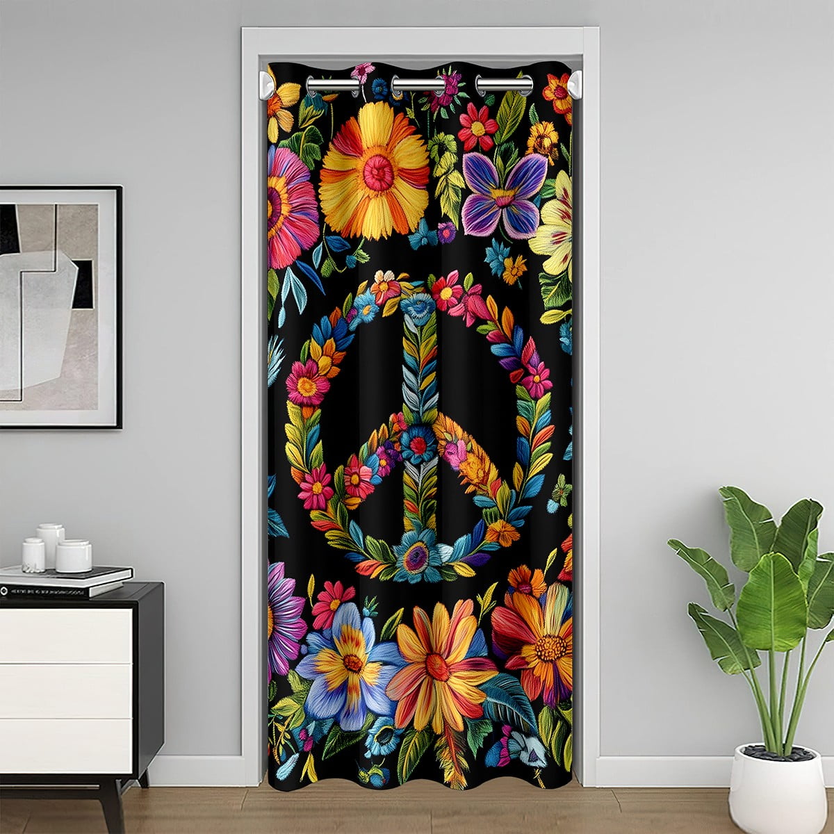 Hippie Peace Symbol Door Curtain 52"W X 80"L,Colorful Groovy Flowers ...
