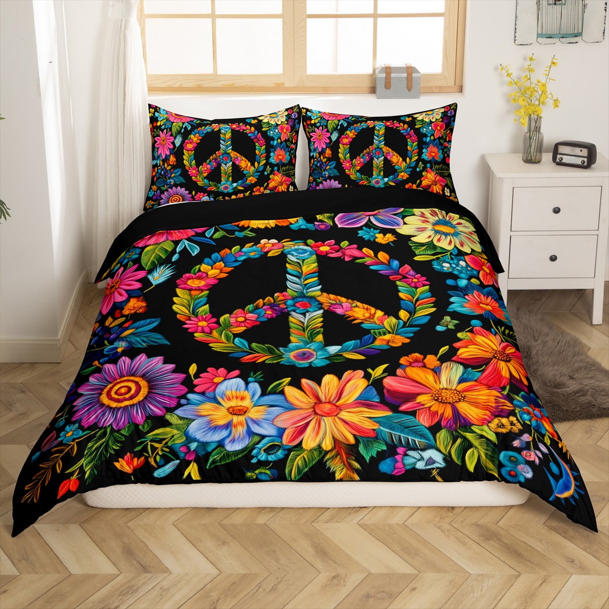 Hippie Peace Symbol Duvet Cover Twin,Colorful Groovy Flowers Comforter ...