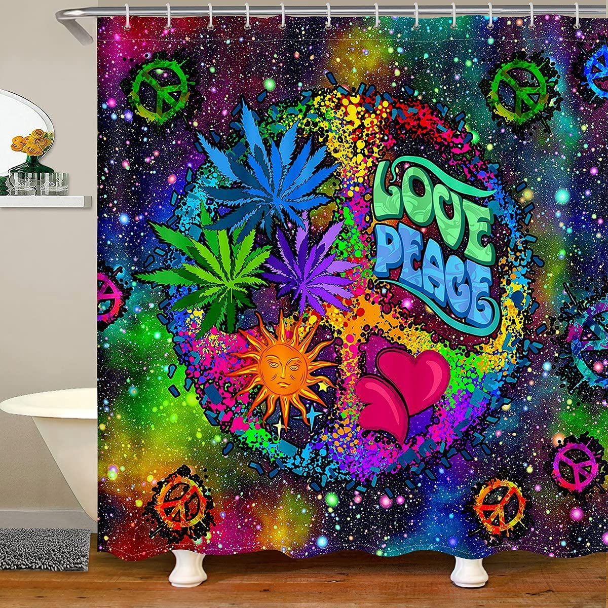 Hippie Peace Symbol Shower Curtain Marijuana Weed Leaf Shower Curtain ...