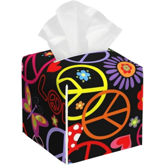 Hippie Peace Symbol Square Tissue Box Cover, Cube Tissue Box Holder ...