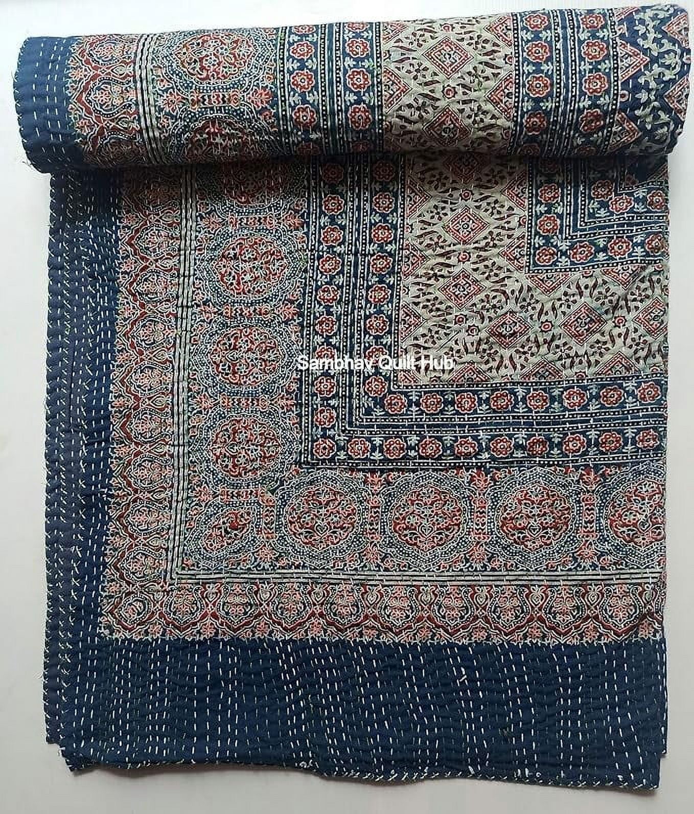 Hippie Queen Ajrakh Kantha Quilt Handmade Bohemain Bedspread King Size ...