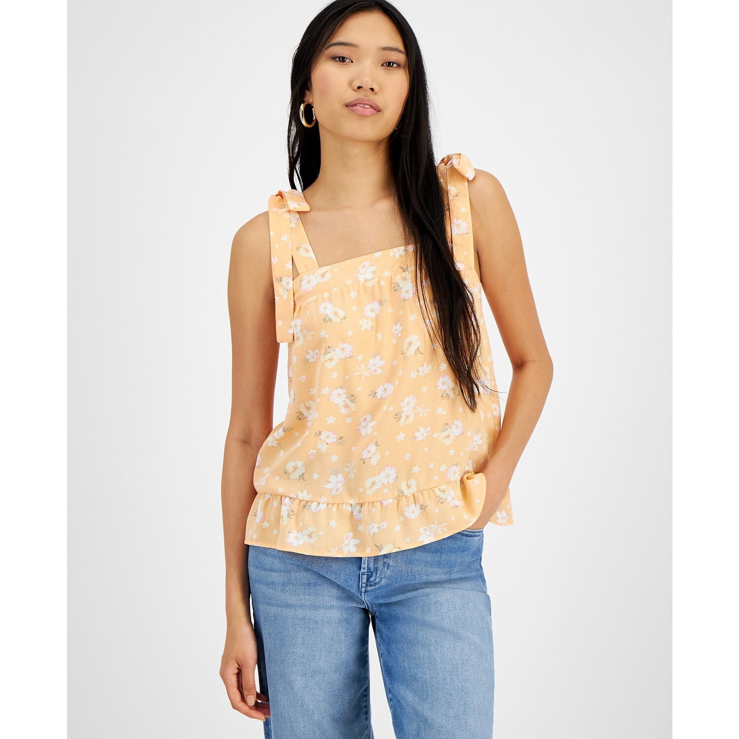 Hippie Rose Juniors' Square-Neck Tie-Strap Smocked Top B4HP (Orange ...