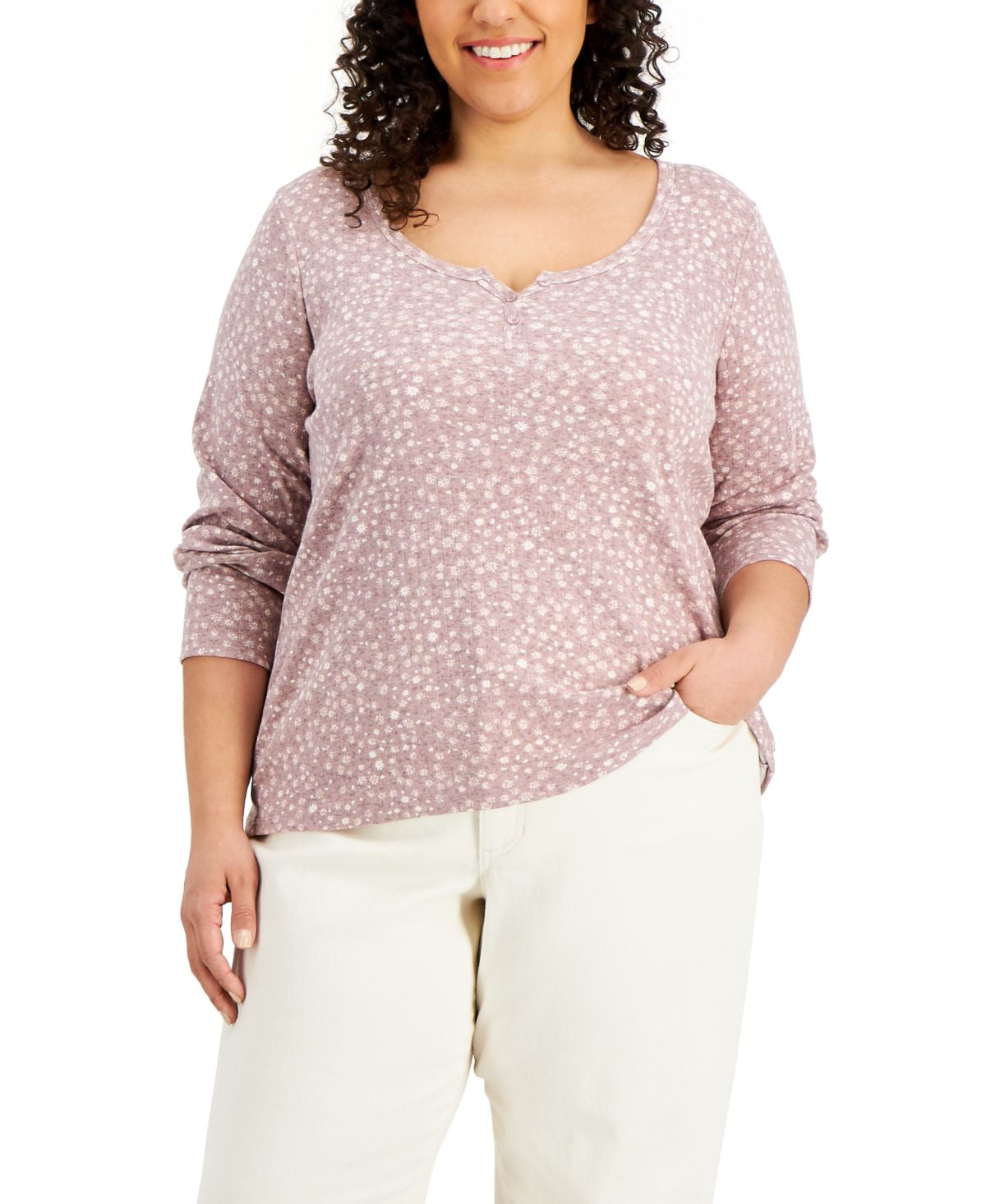 Hippie Rose Womens Trendy Plus Size Printed Henley Neck Top,Mauve Ditsy ...