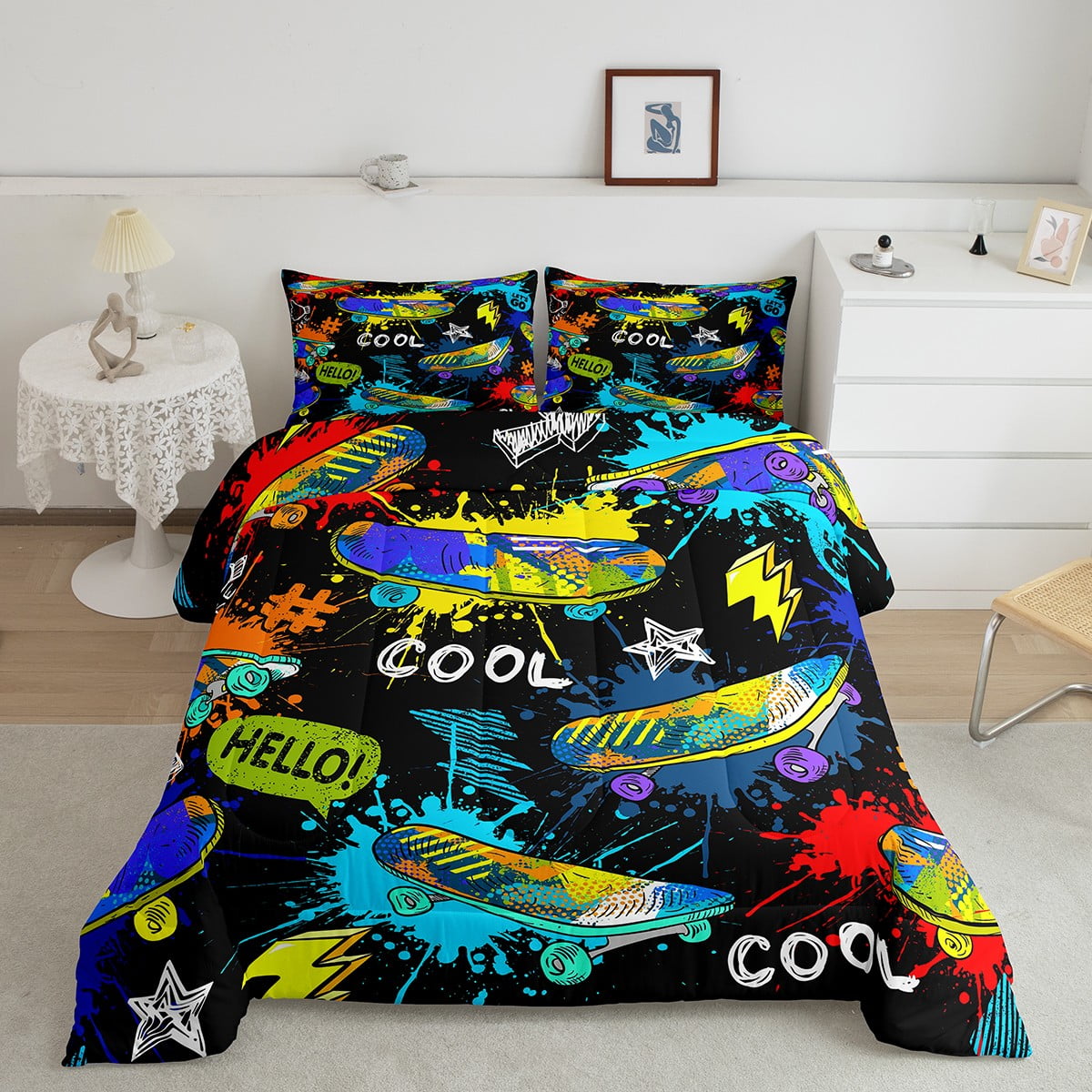 Hippie Skateboard Bedding Set Watercolor Tie Dye King Comforter Set ...