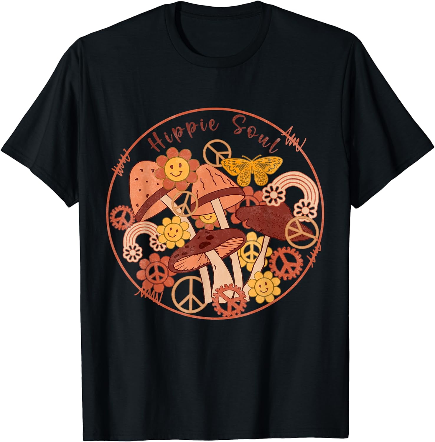 Hippie Soul Peace Sign Hippy Love Mushroom Lover Groovy Vibe T-Shirt ...