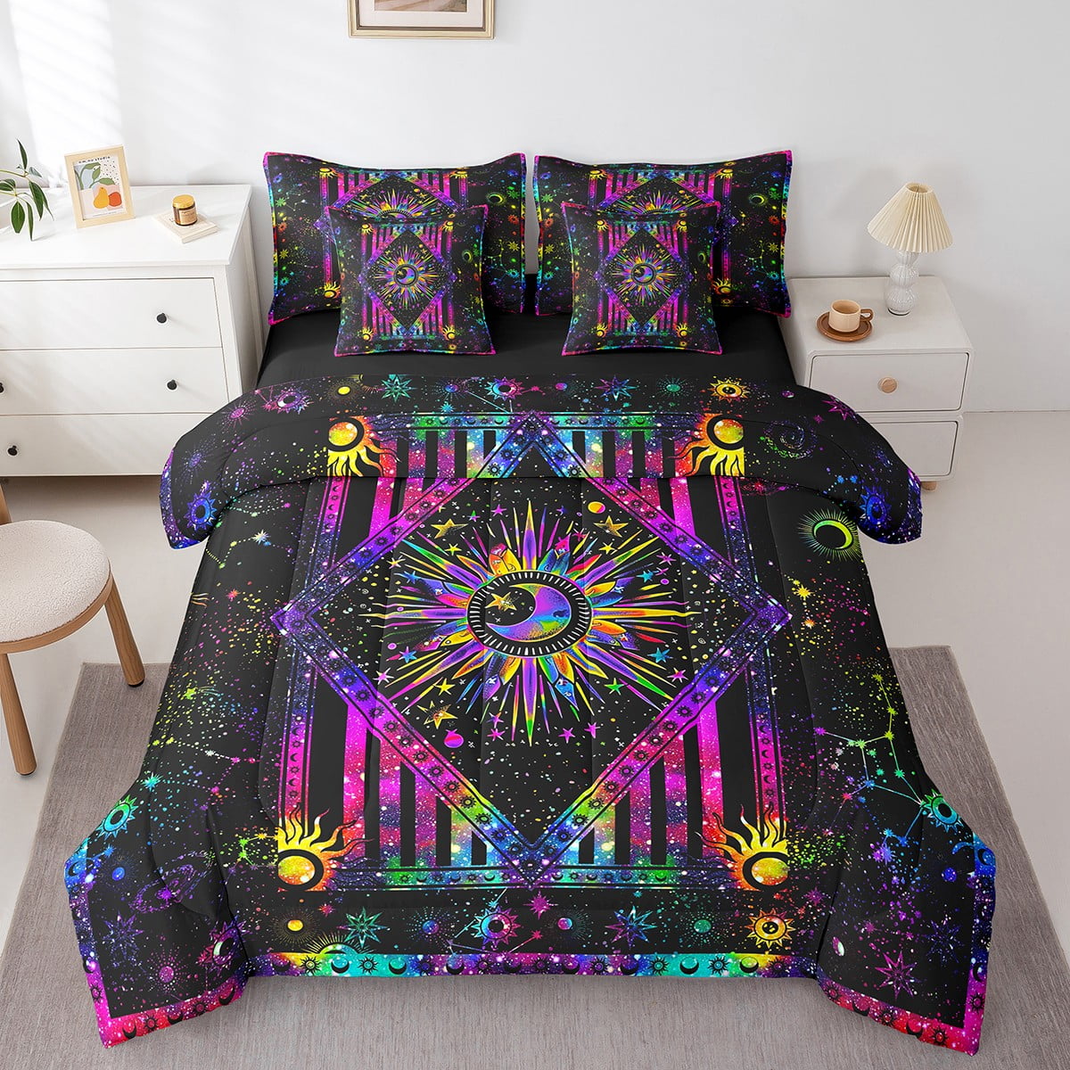 Hippie Sun and Moon Comforter Set Trippy Galaxy Bedding Comforter Sets, Psychedelic Cosmos Stars ...