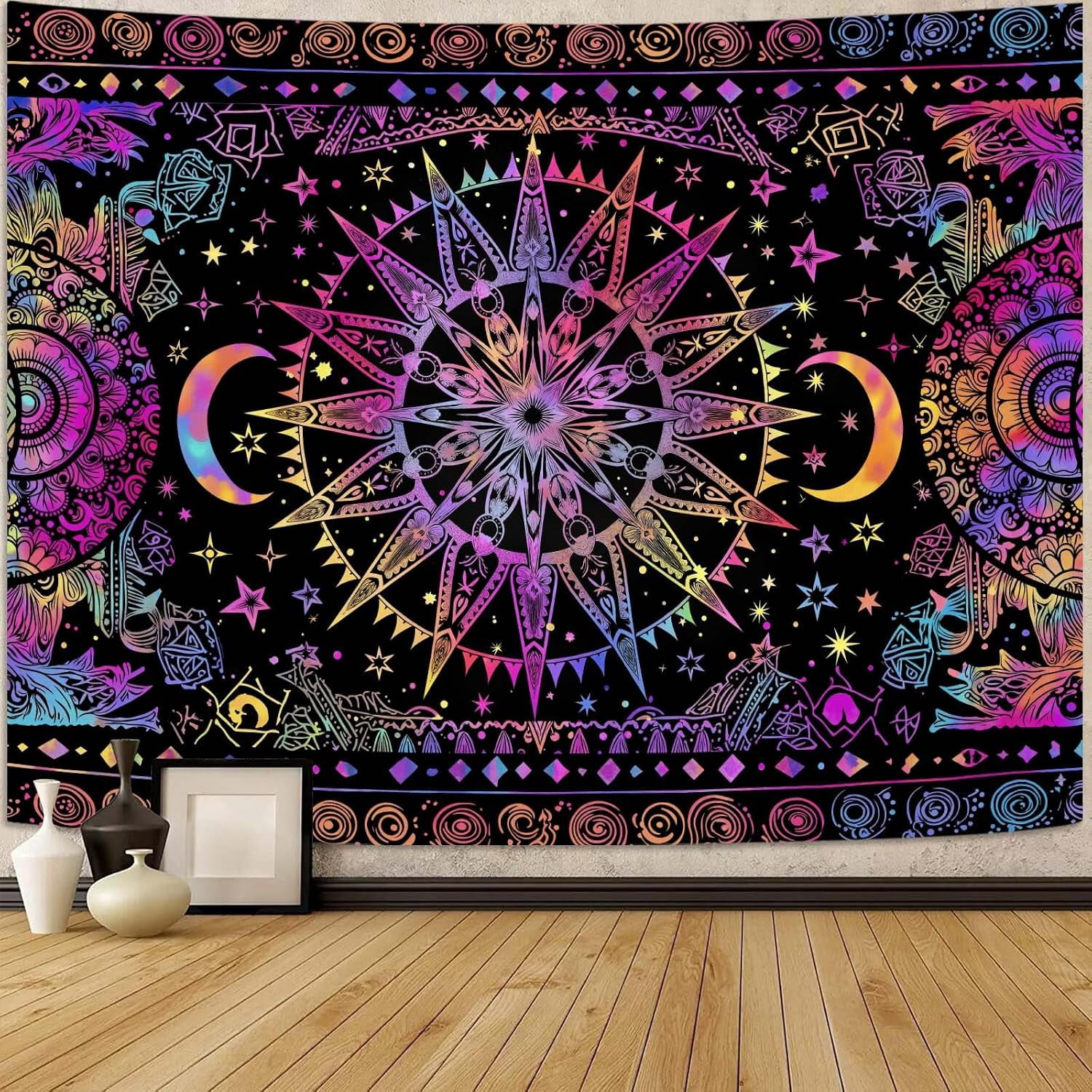 Hippie Sun and Moon Tapestry, Blacklight UV Reactive Neon Tie Dye ...