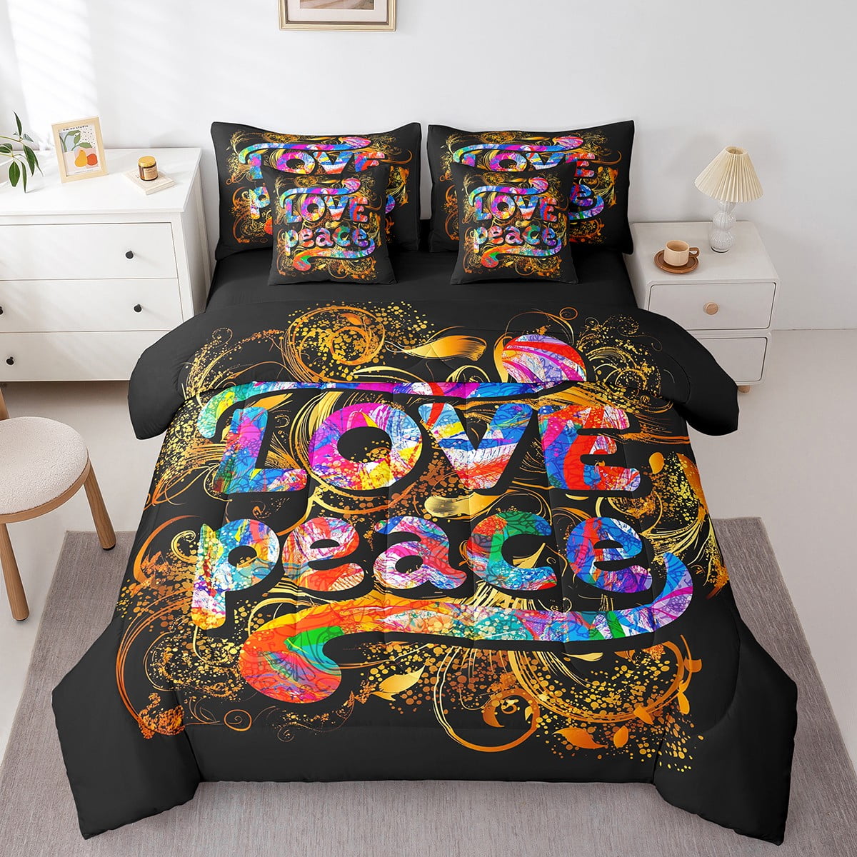 Hippie Symbol 7 Piece Comforter Set Full Bed In A Bag,Colorful Artsy ...