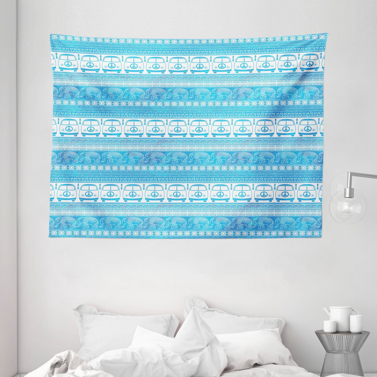 Hippie Tapestry, 60s 70s Woodstock Theme Minivans with Peace Signs ...