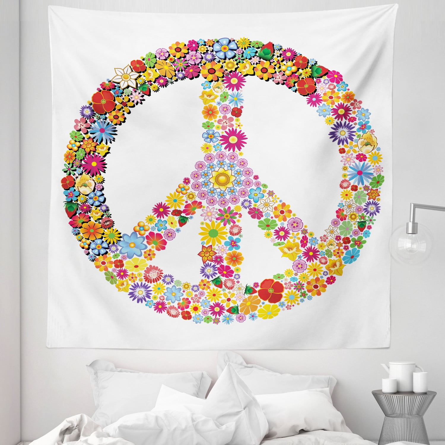 Hippie Tapestry, Floral Peace Sign Summer Spring Blooms Love Happiness ...