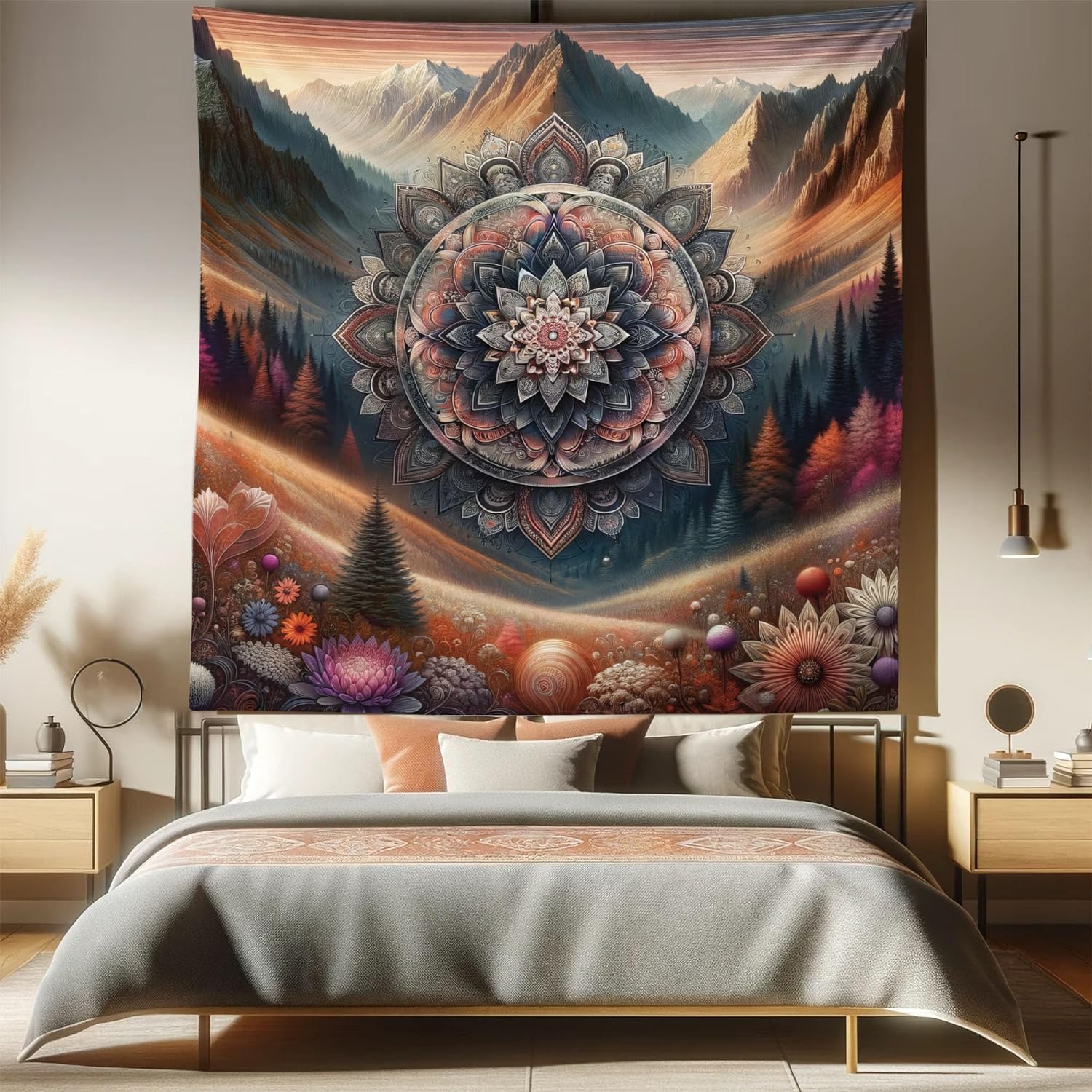 Hippie Tapestry Queen Size, Modern Scandi Blooming Trippy Flower with ...