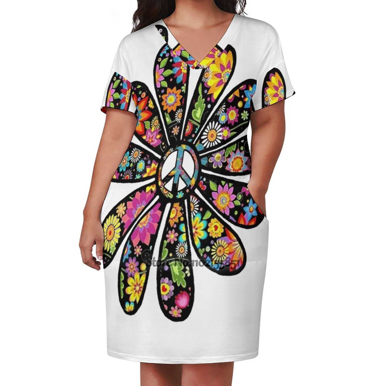 Hippie Trippy Flower Power Peace Sign Floral Back Lacing Backless Dress ...