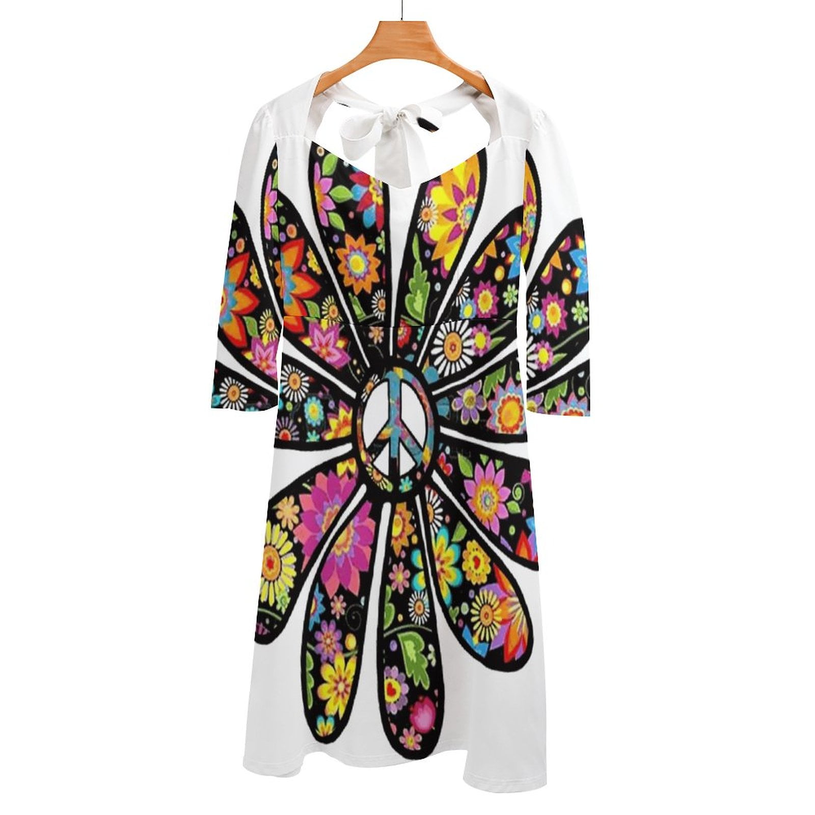 Hippie Trippy Flower Power Peace Sign Floral Back Lacing Backless Dress ...