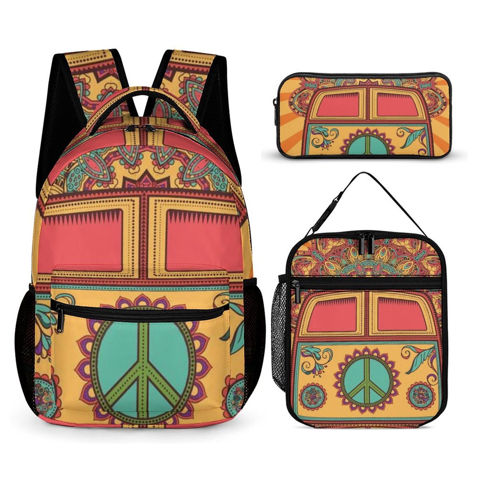 Hippie Vintage Car Peace Love And Music 3 Piece Backpack Set Anime ...
