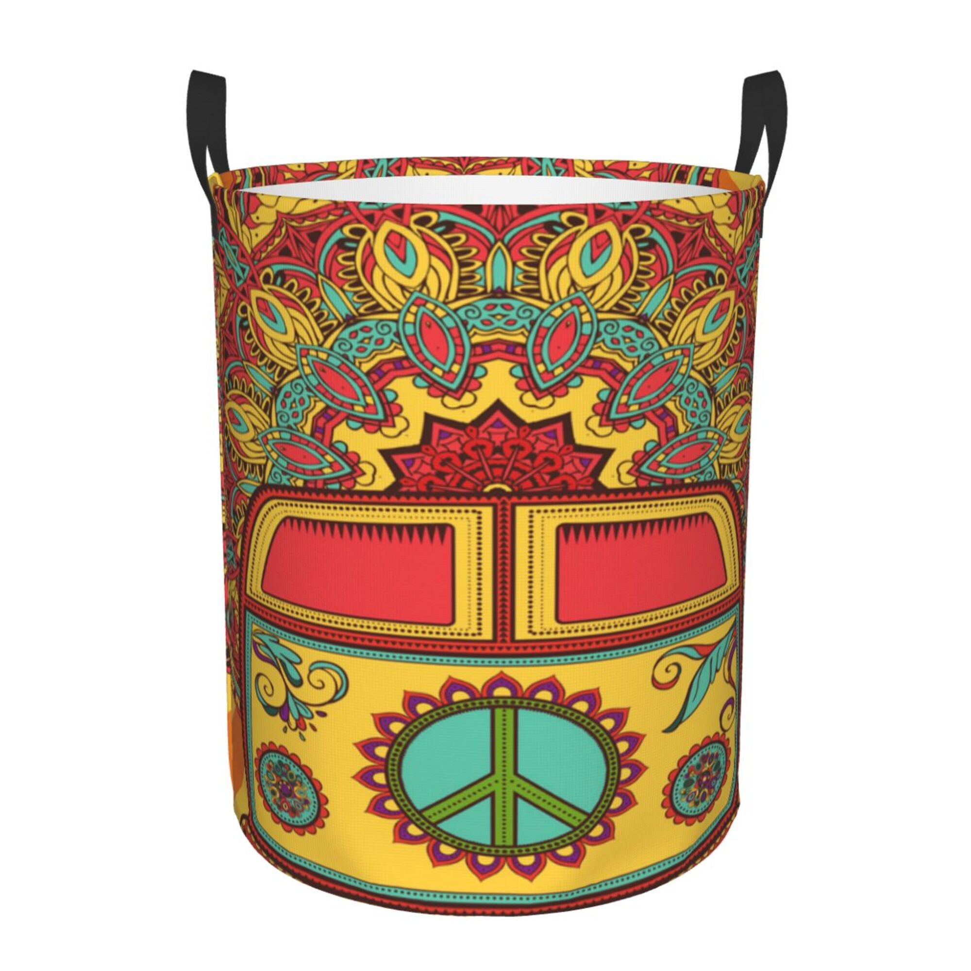 Hippie Vintage Mini Van Peace Sign Circular Laundry Basket (With Handle ...