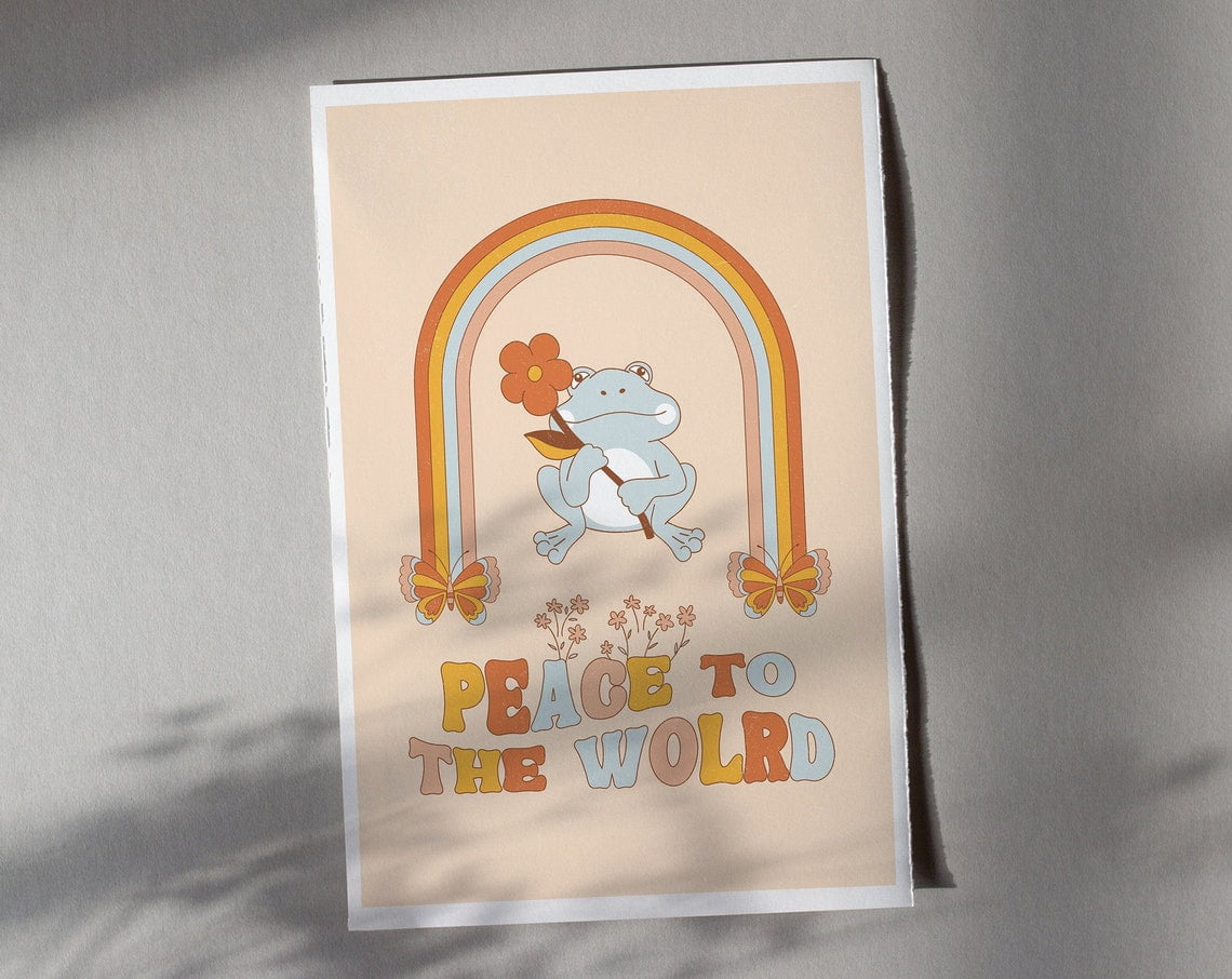Hippie Wall Art, Cute Frog, Hippie Room Decor, Colorful Wall Art, Retro ...