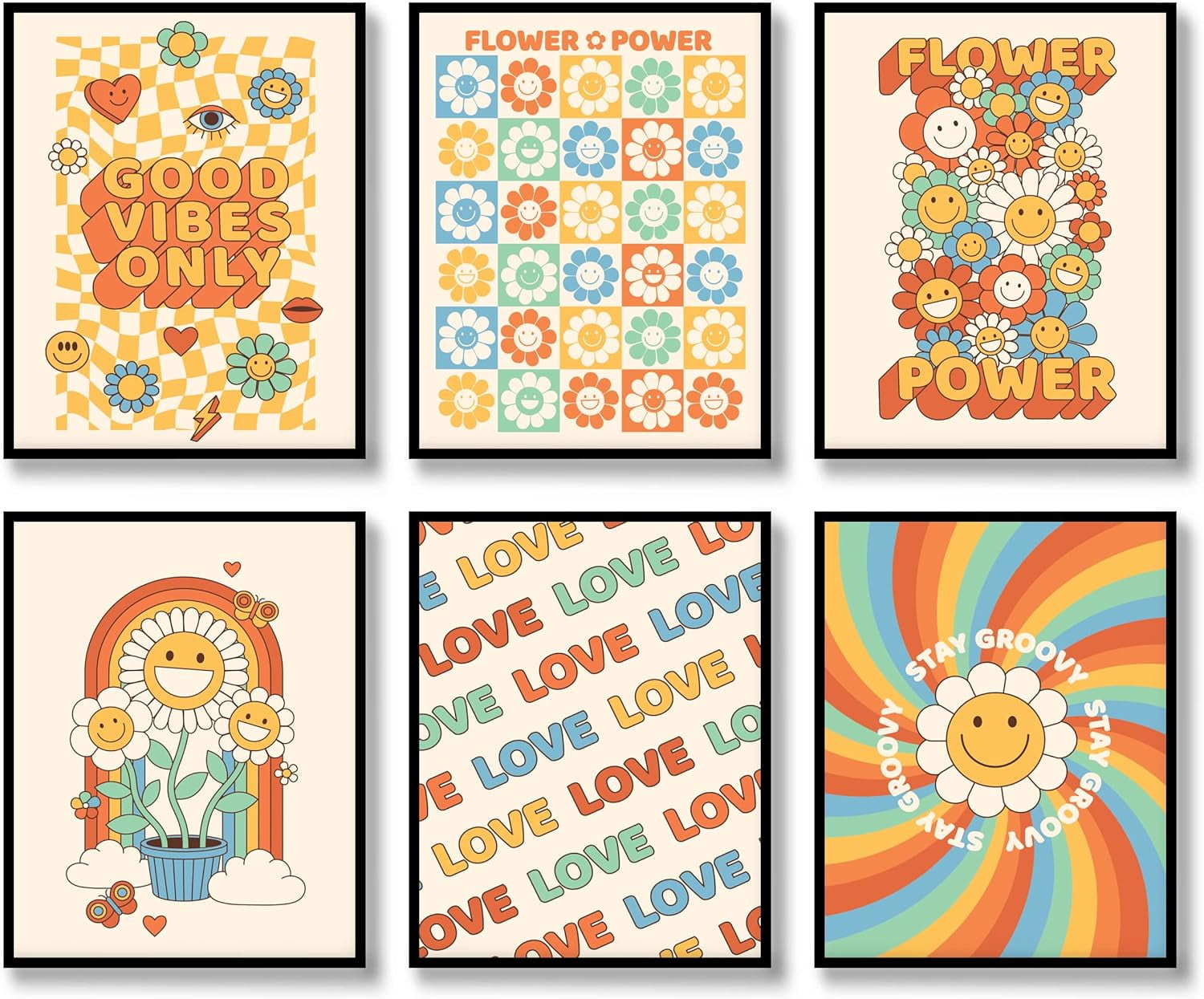 Hippie Wall Art Vintage Wall Decor Prints Set of 6 Hippie Flower Canvas ...