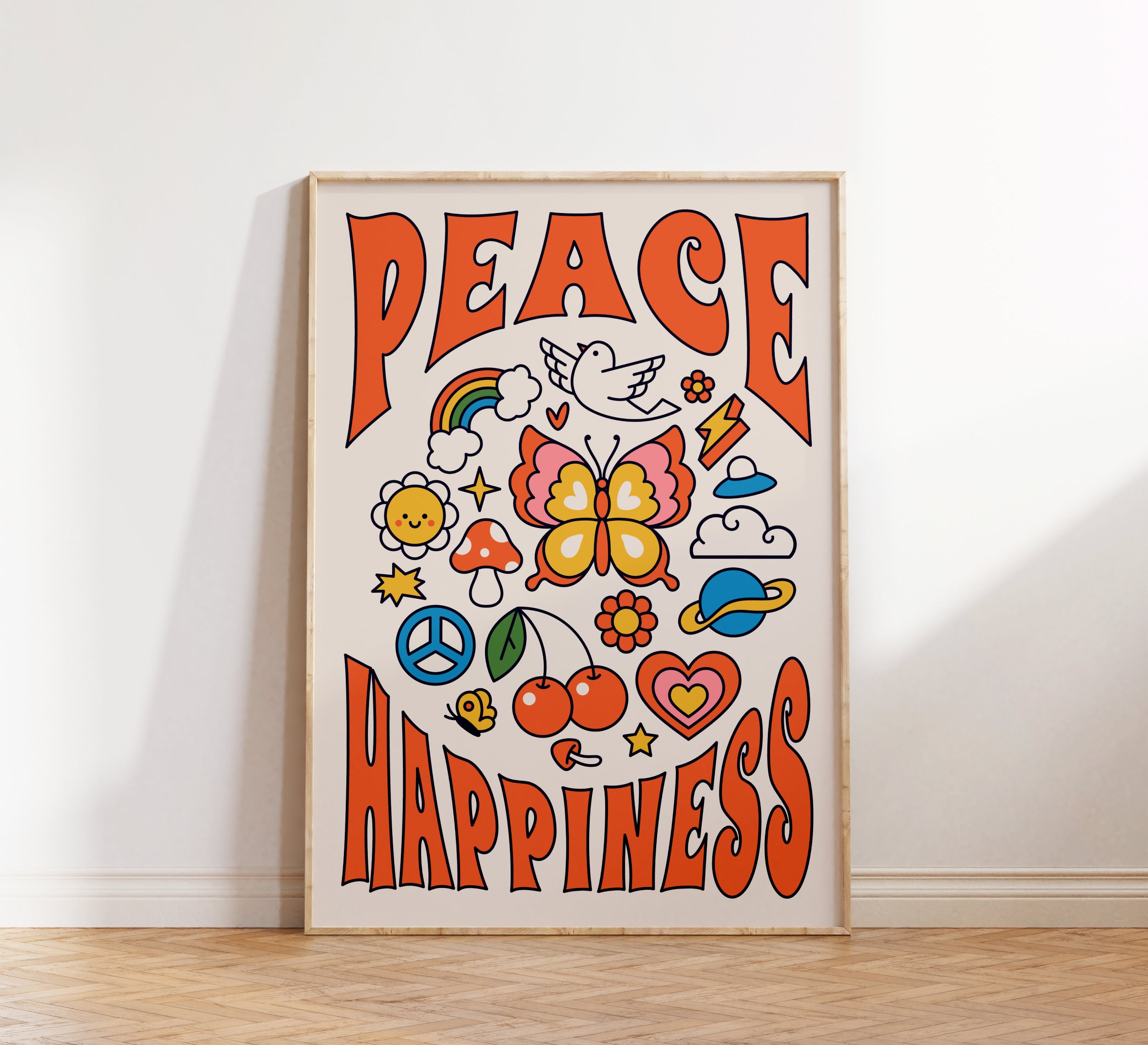 Hippie Wall Print, Peace Happy Print, 70s groovy Retro Poster, Retro ...