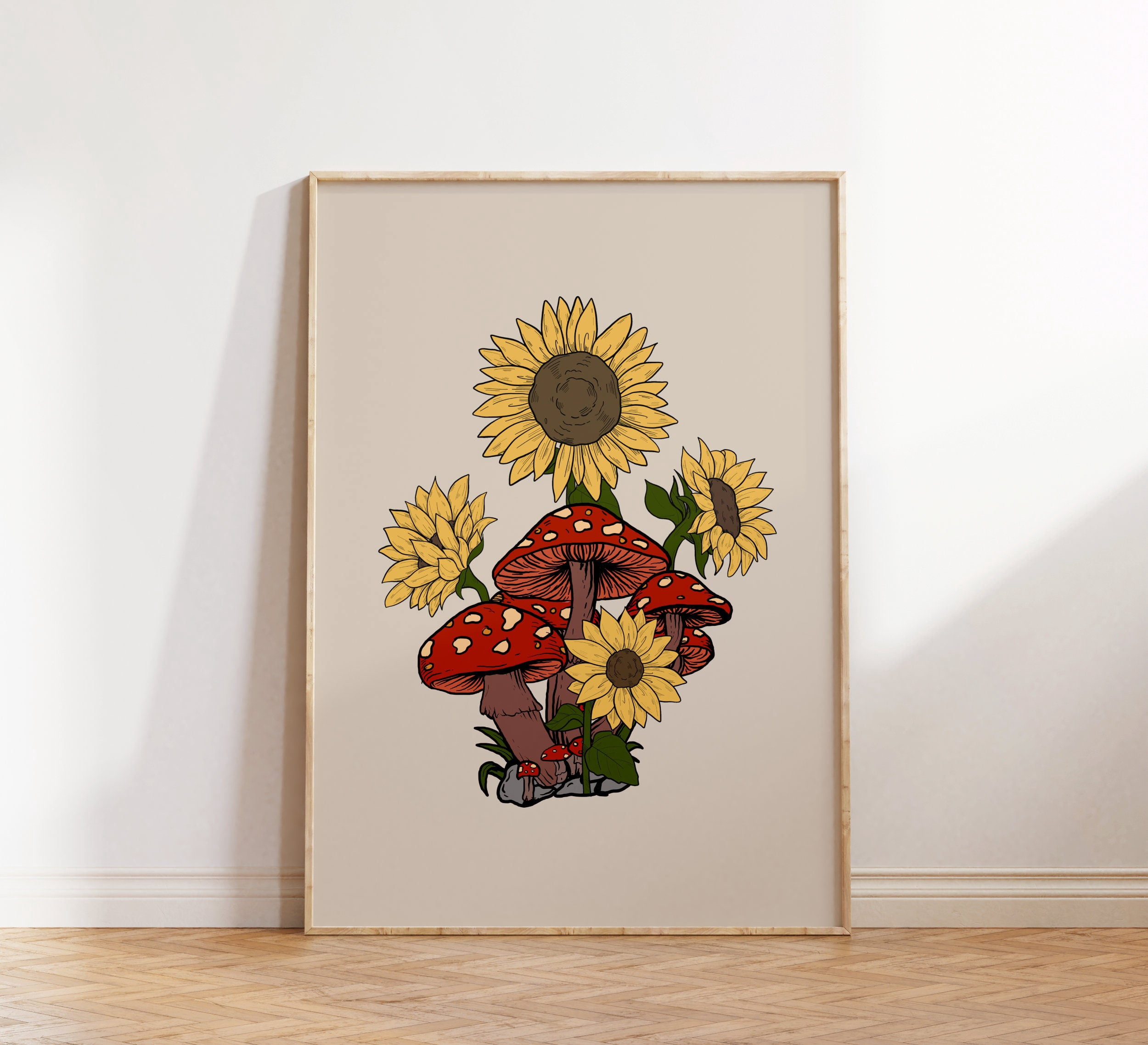 Hippie Wall Print, Sunflower Mushroom Print,Large Printable Art, Hippie ...
