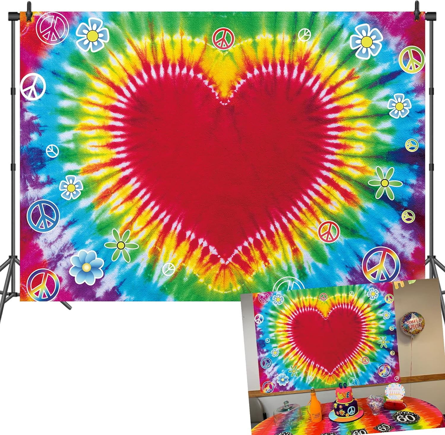 Hippie backdrop Groovy Love and Peace Backdrop 60s Hippie Colorful Tie ...