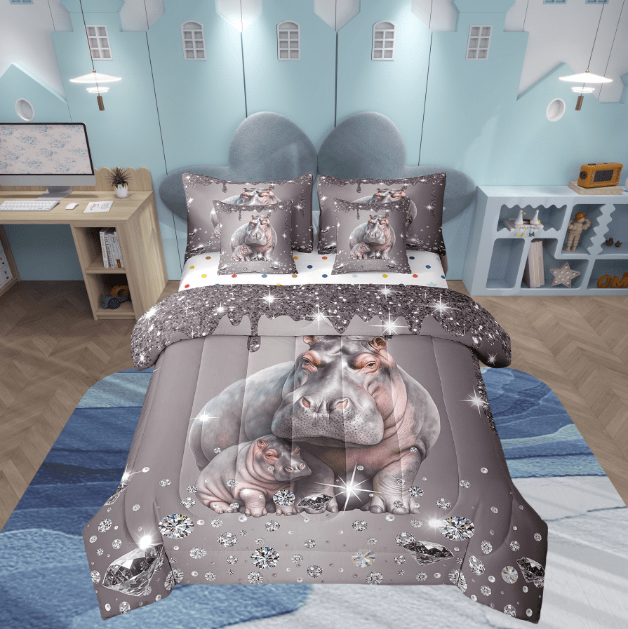 Hippo Bed in a Bag King Size Comforter Set 7 Pieces,Grey Sequin Fluid ...