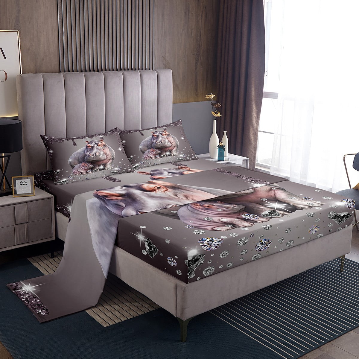 Hippo Bed Sheets Set Grey Sequin Fluid Art Sheet Set,Crystal Diamond ...