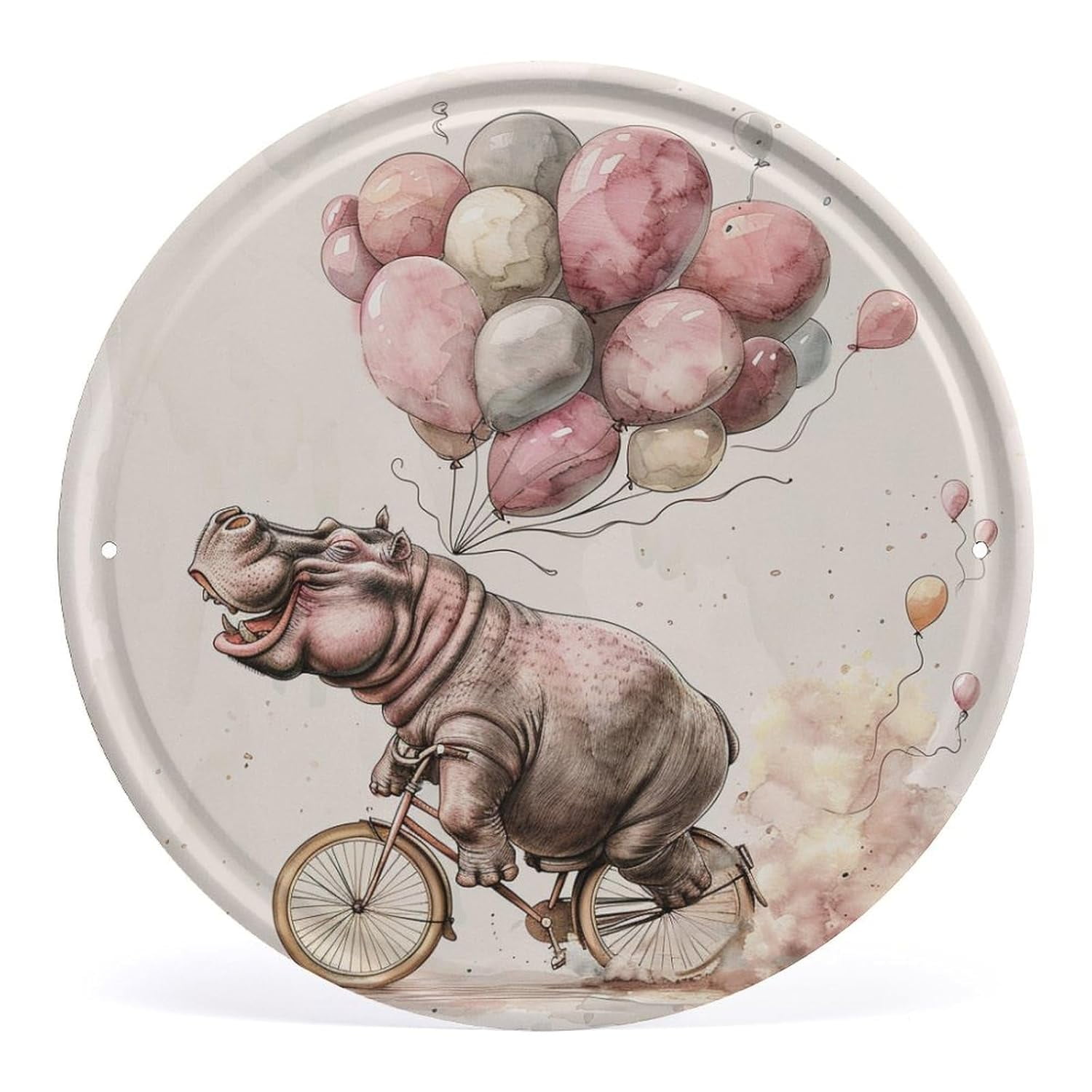 Hippo on A Bicycle with Balloons Round Aluminum Sign Hippo Gifts for ...