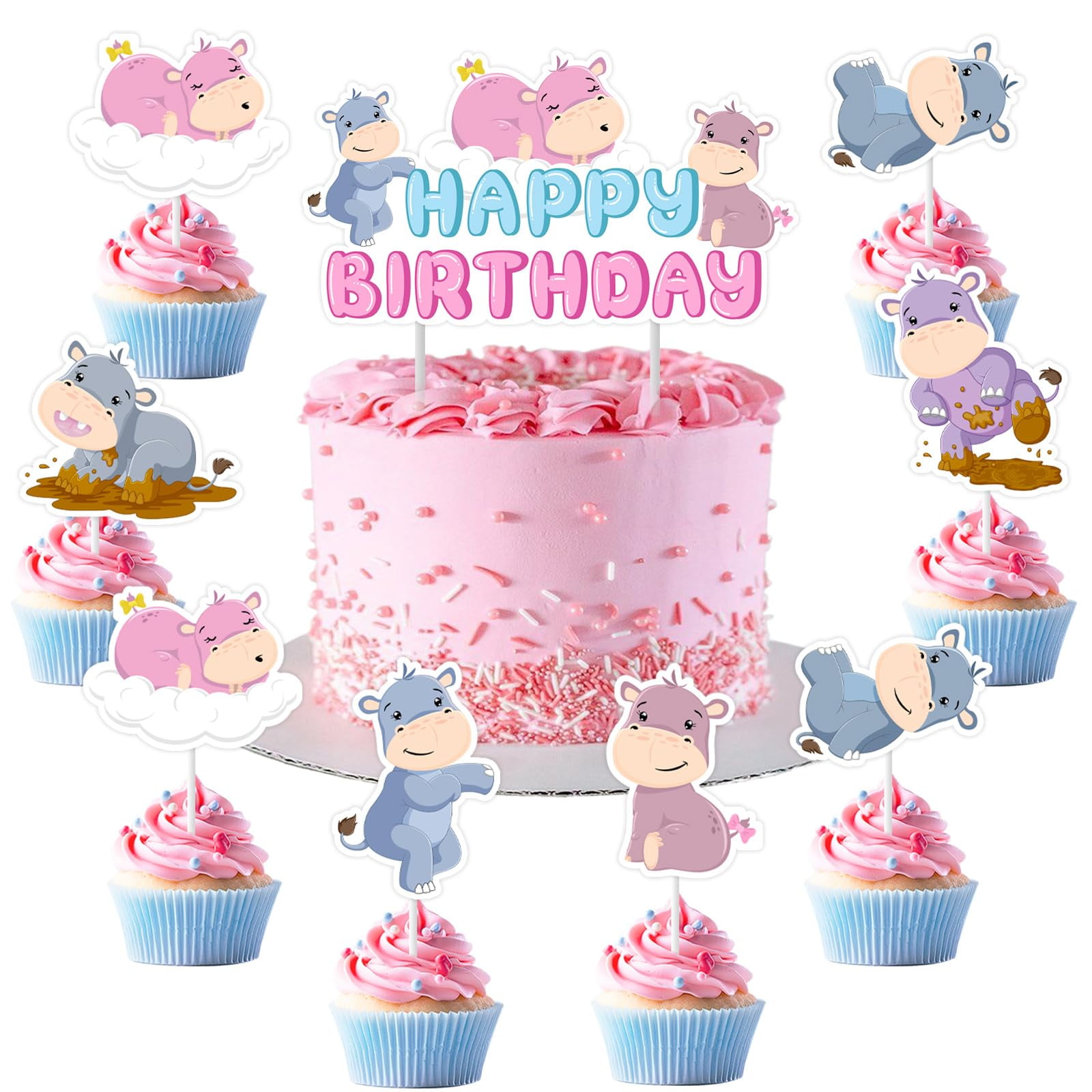 Hippo Birthday Decorations CORNET 25Pcs Hippo Birthday Cake Topper and ...